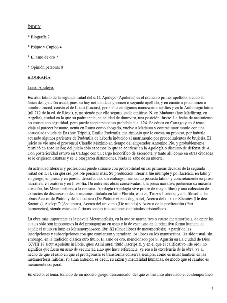 Psique y Cupido. El Asno de Oro Lucio Apuleyo | PDF