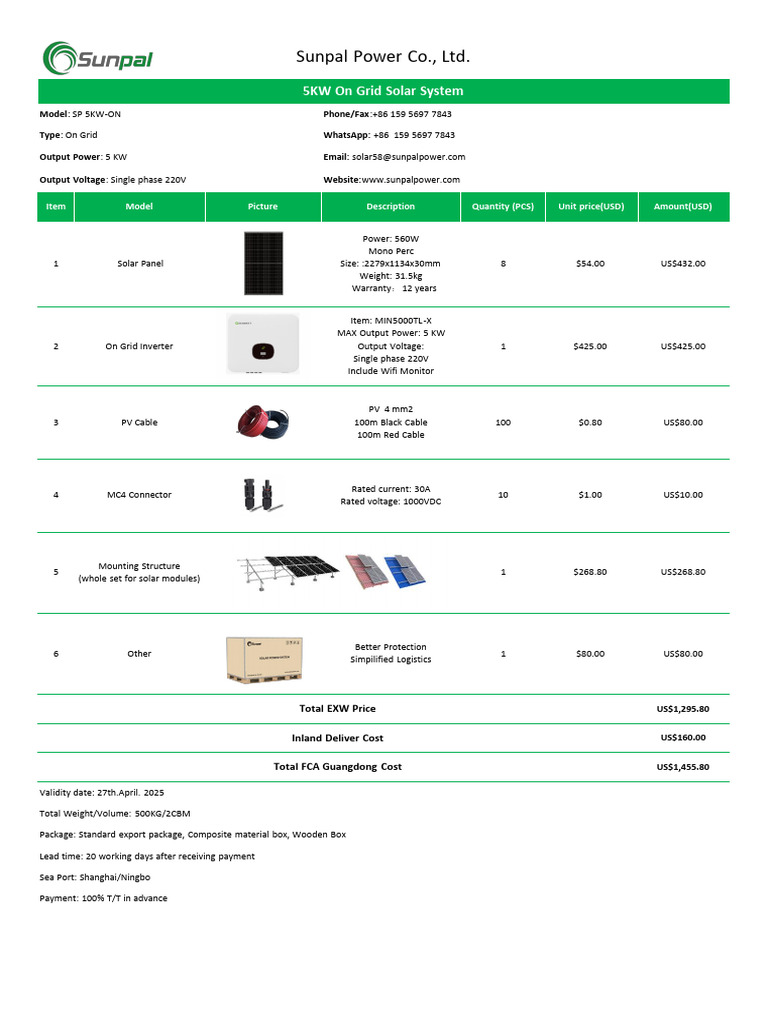 Sunpal 5kw On Grid Quotation | PDF | Solar Panel | Solar Power