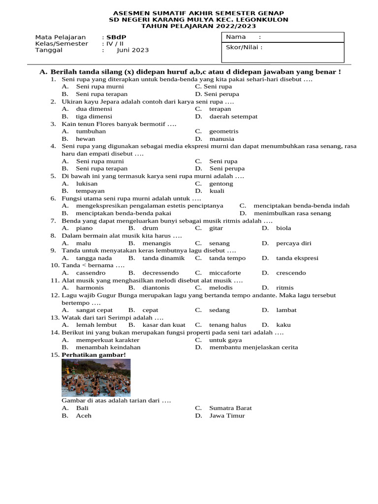 ASESMEN SUMATIF SBDP KELAS IV | PDF