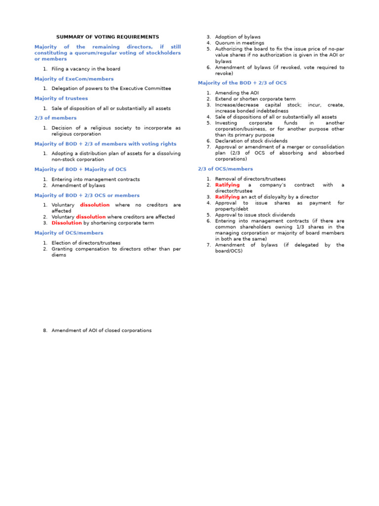 Voting Requirements for Corporate Actions | PDF | Corporations | Board ...