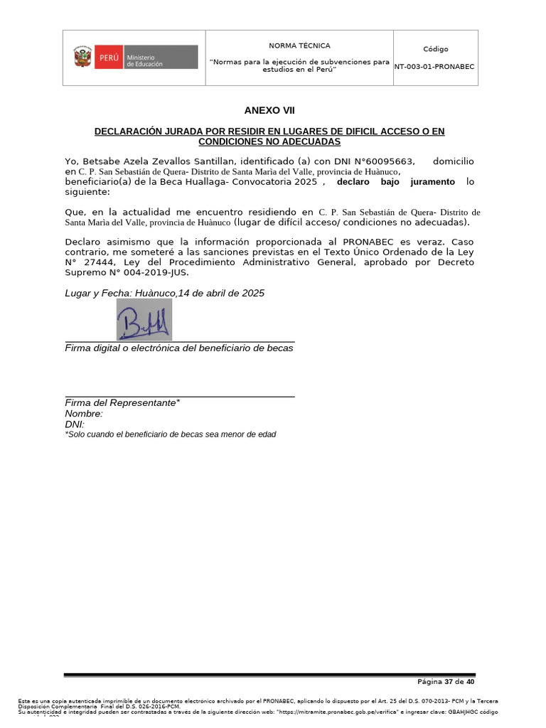 Declaración Jurada de Alojamiento-Betsabe-Zevallos | PDF