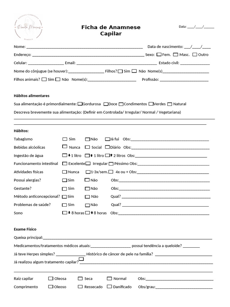 Ficha de Anamnese Capilar | PDF | Perda de cabelo | Especialidades médicas