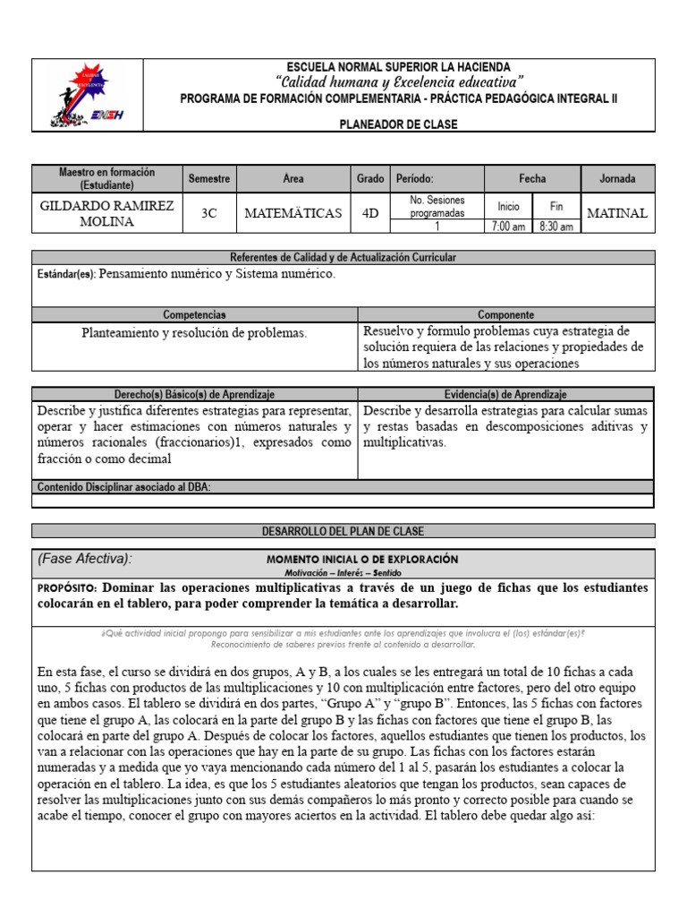 Planeador de Clase Multiplicación 4to | PDF | Aprendizaje