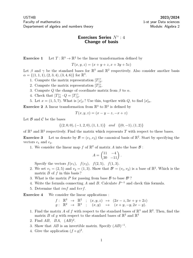 Change of Basis Exercises in Linear Algebra | PDF | Basis (Linear ...