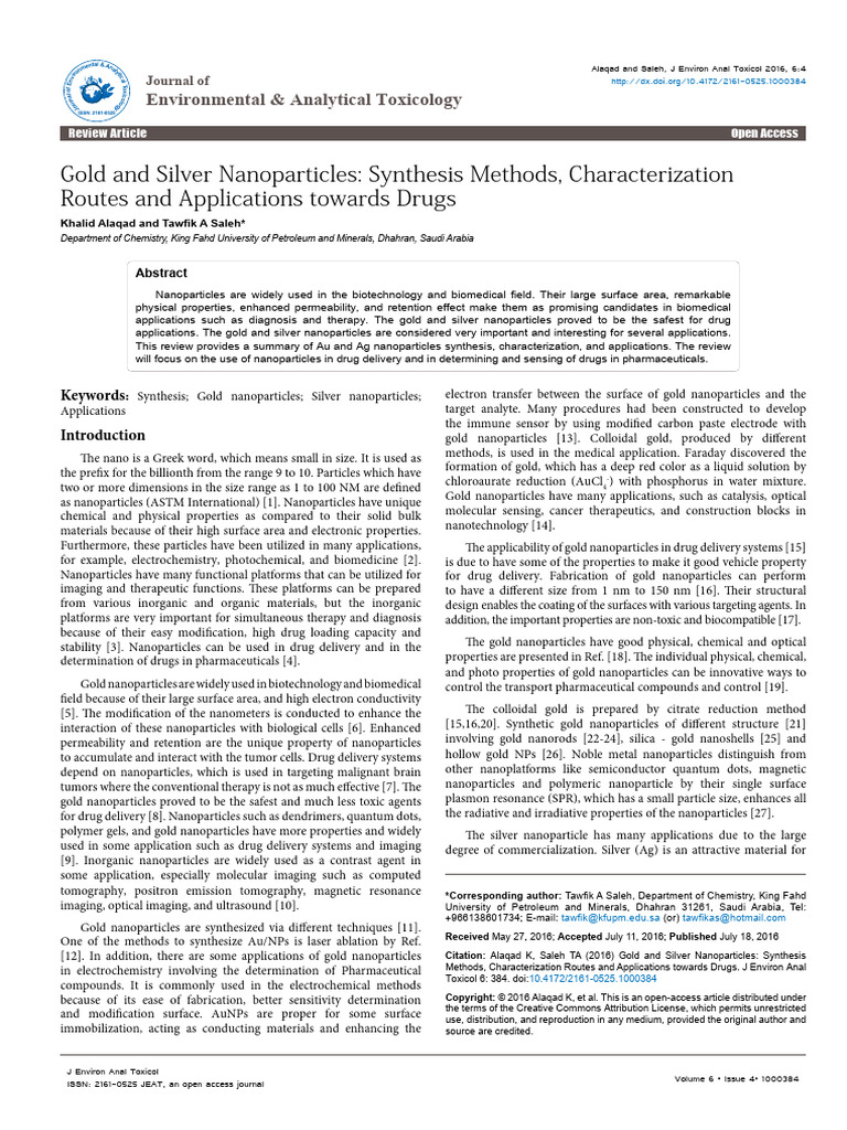 Gold and Silver Nanoparticles Synthesis Methods Characterizationroutes ...