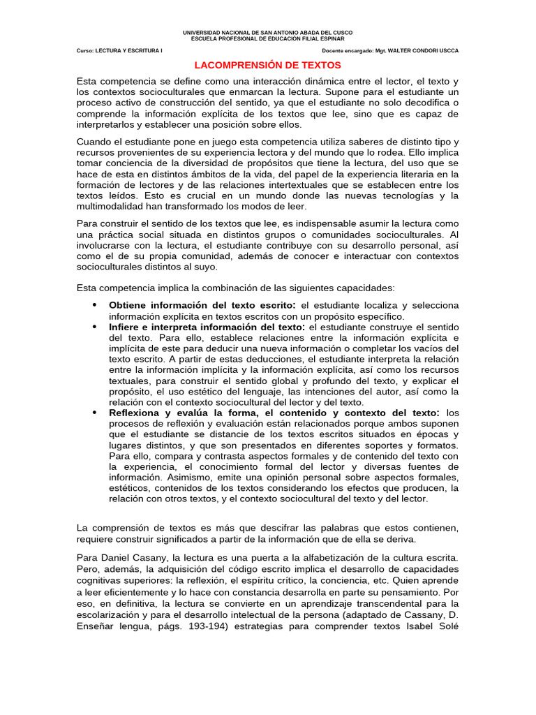 La Comprensión de Textos y Estrategias | PDF | Comprensión lectora ...