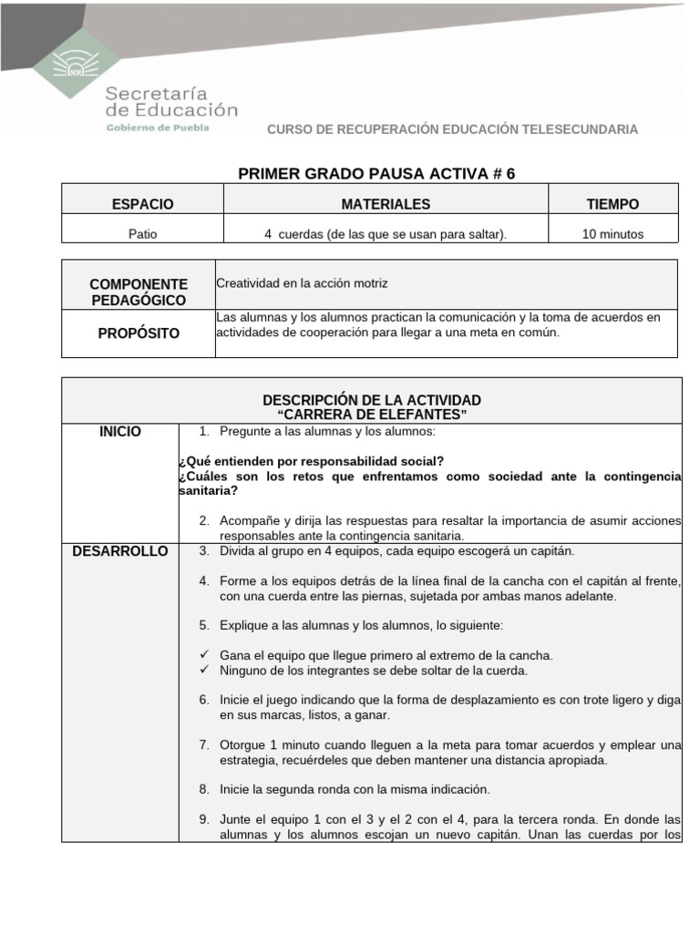 06 Pausa Activa Primer Grado Telesecundaria 123219 | PDF