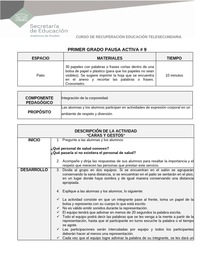 09 Pausa Activa Primer Grado Telesecundaria 123241 | PDF
