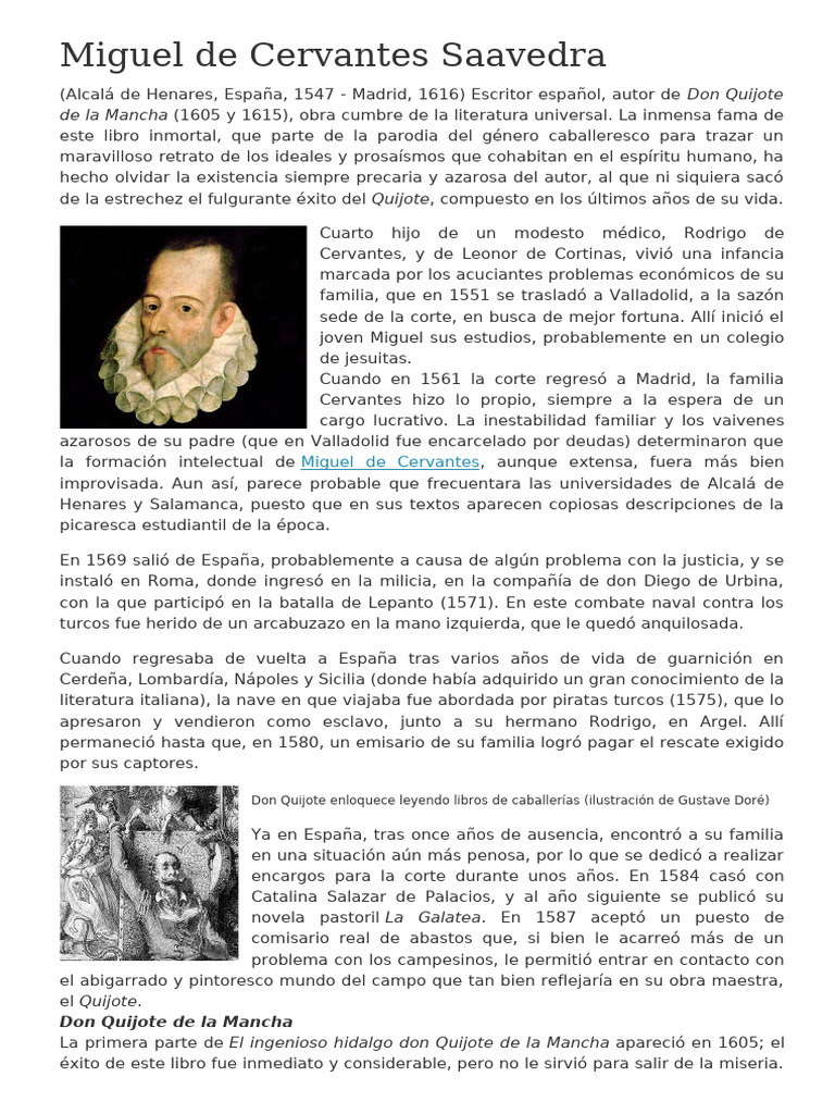 Miguel de Cervantes Saavedra | PDF | Miguel De Cervantes | Don Quijote