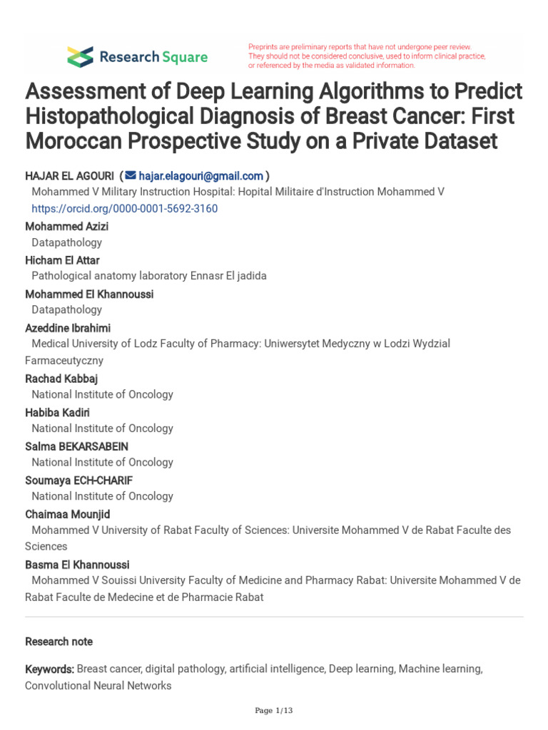 Assessment of Deep Learning Algorithms To Predict | PDF | Pathology | Deep Learning