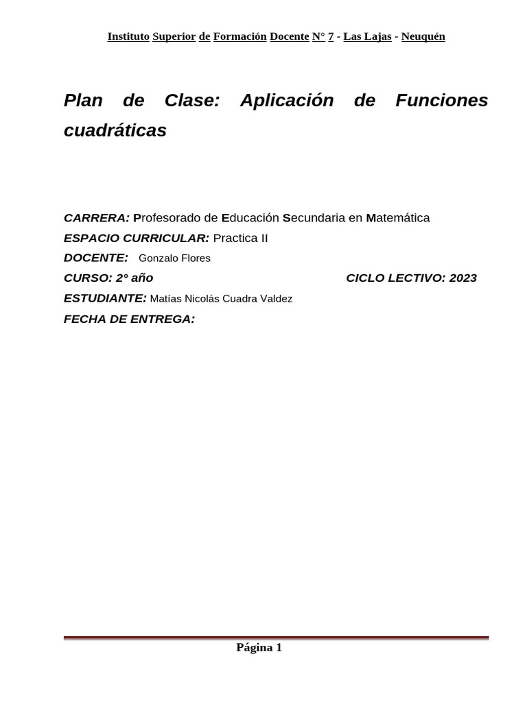 Plan de Clase- funciones cuadraticas aplicadas a la vida | PDF | Ecuación cuadrática | Matemáticas