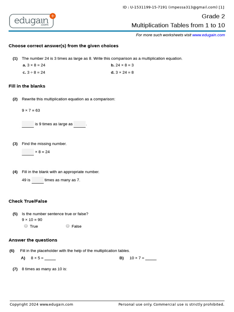 Multiplication Tables From 1 To 10 | PDF