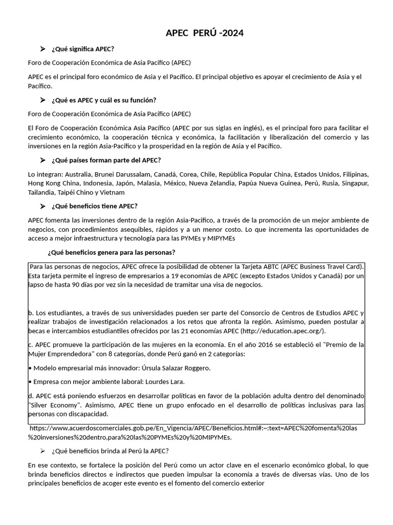 Beneficios de APEC en Perú 2024 | PDF | Cooperacion economica Asia Pacifico | Asia