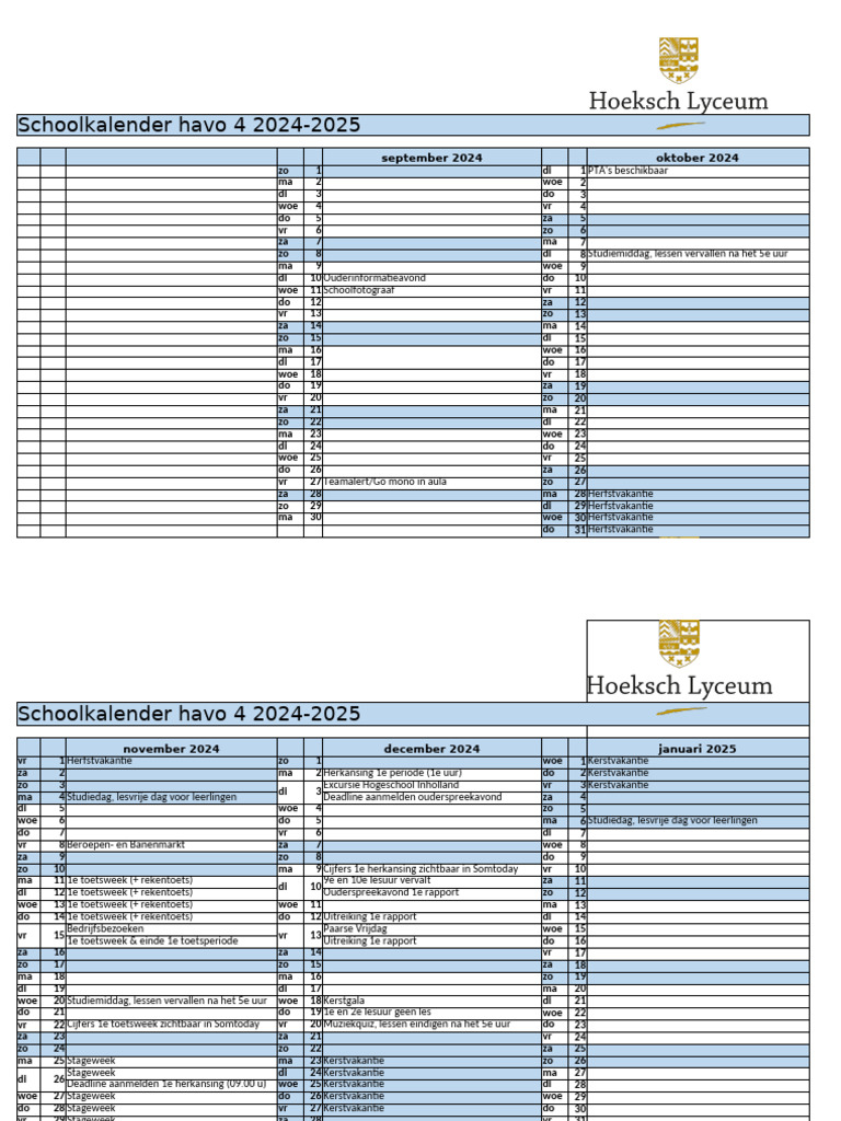 Jaarkalender Havo 4 2024 2025 | PDF