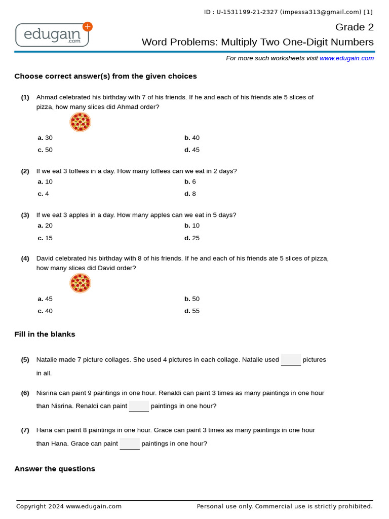 Word Problems Multiply Two One-Digit Numbers | PDF