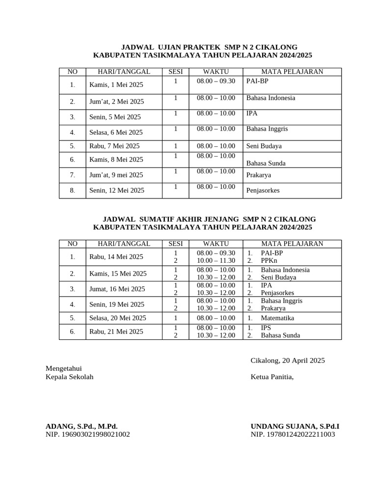 Jadwal Ujian Praktek Dan Tulis 2025 | PDF