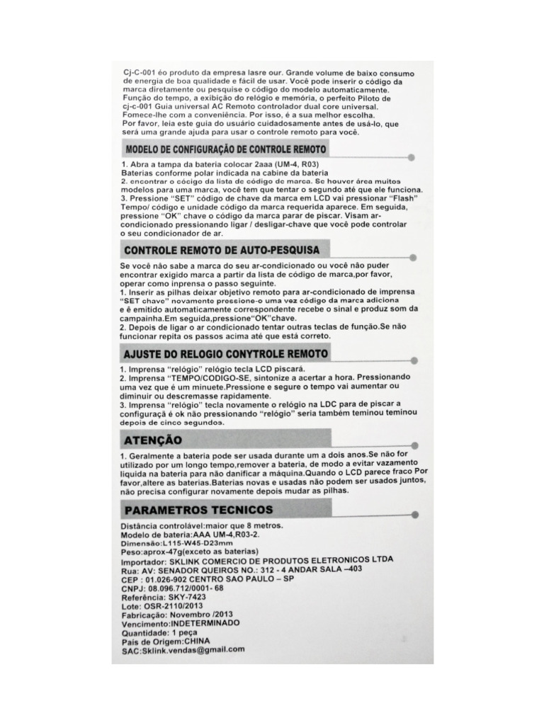 Manual Controle Remoto Universal Sky 7423 | PDF