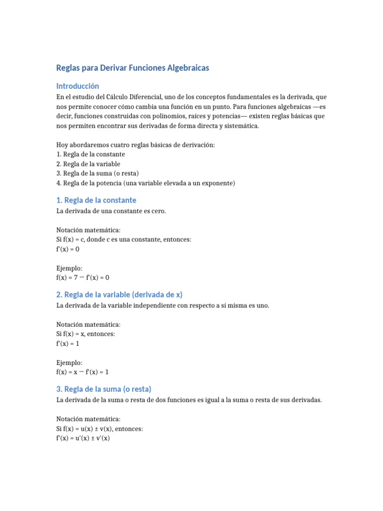 Reglas para Derivar Funciones Algebraicas | PDF