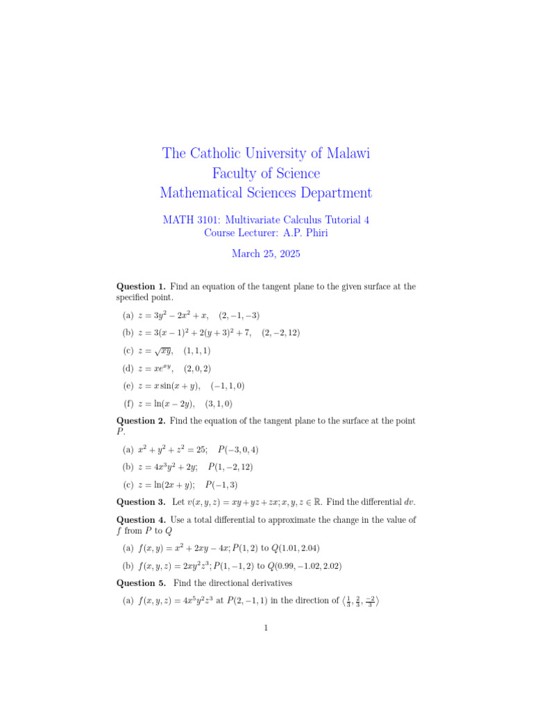 Tutorial 4 Multivariate Calculus | PDF
