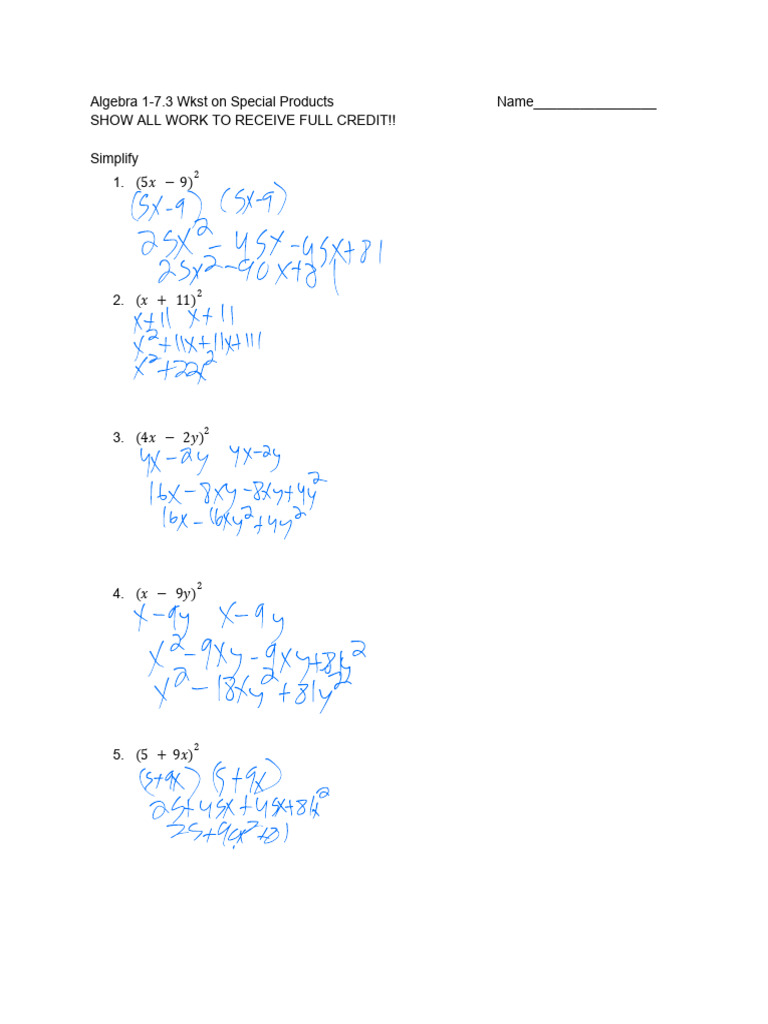 7.3 Wkst on Special Products | PDF