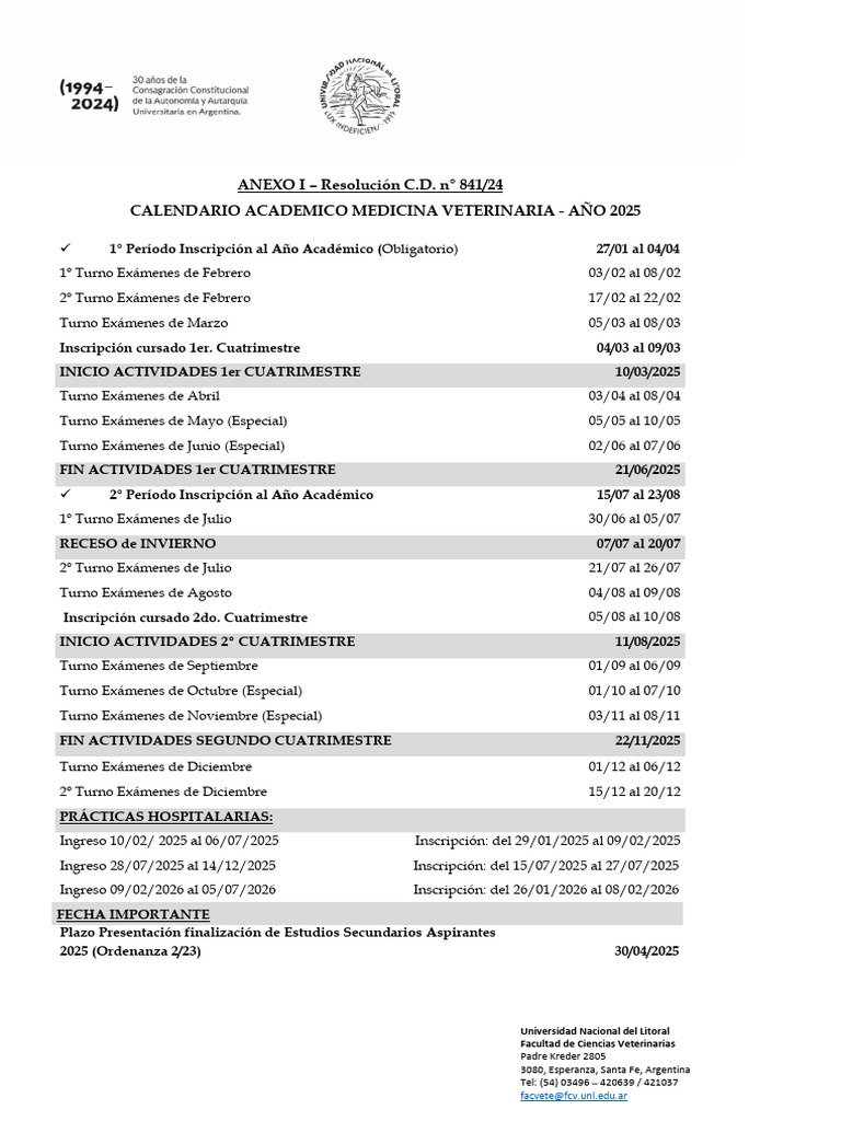 Calendario Académico FCV 2025 | PDF | Medicina | Academia