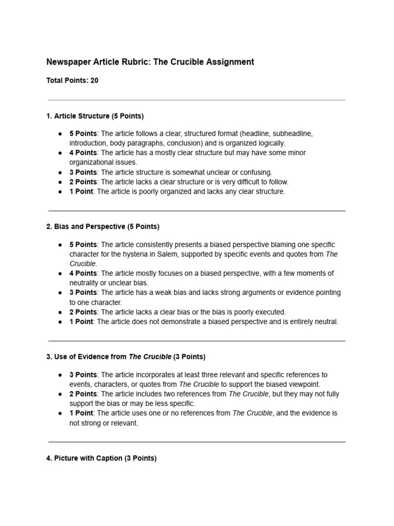 Newspaper Article Rubric_ The Crucible Assignment | PDF | Cognitive ...