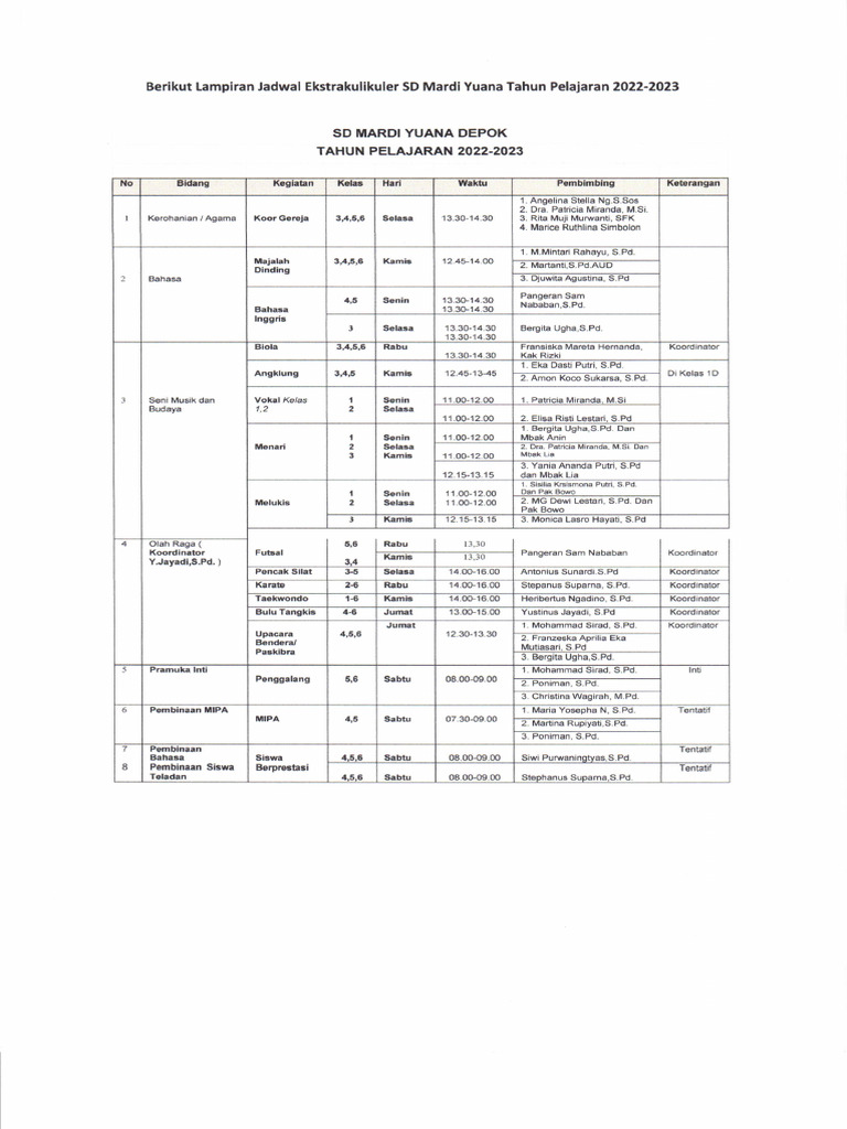Jadwal Ektrakrikuler Lio | PDF