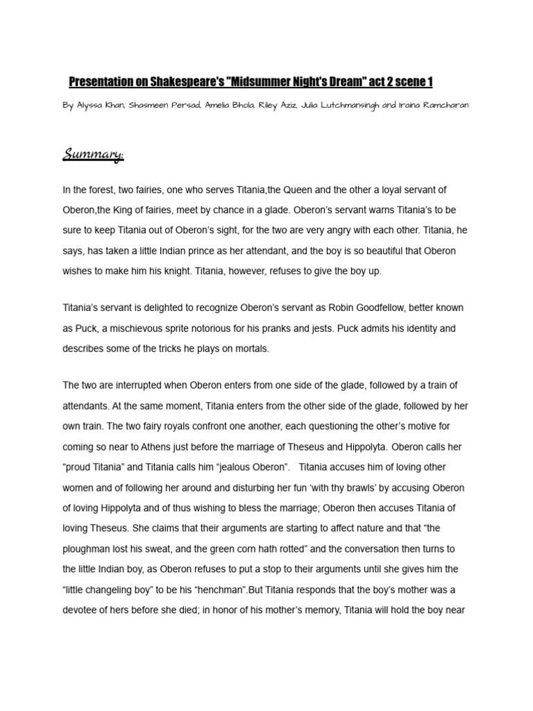 Act 2 Scene 1: Titania and Oberon's Conflict | PDF | A Midsummer Night ...