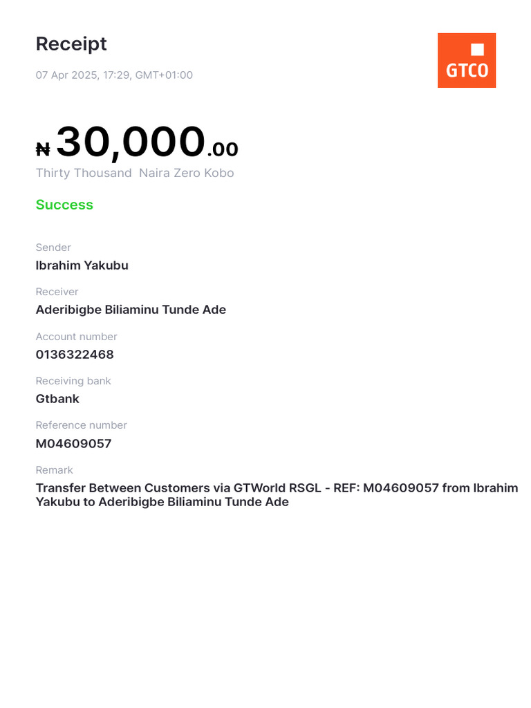 GTBank Transfer Receipt - ₦30,000 | PDF