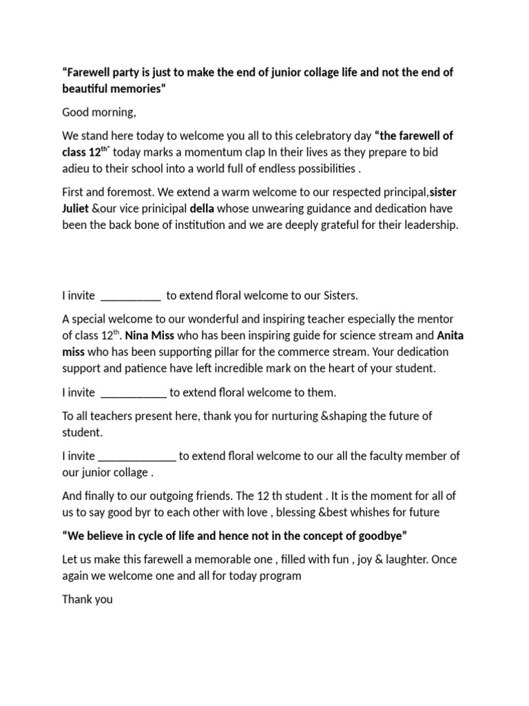 Class 12 Farewell Party Speech | PDF