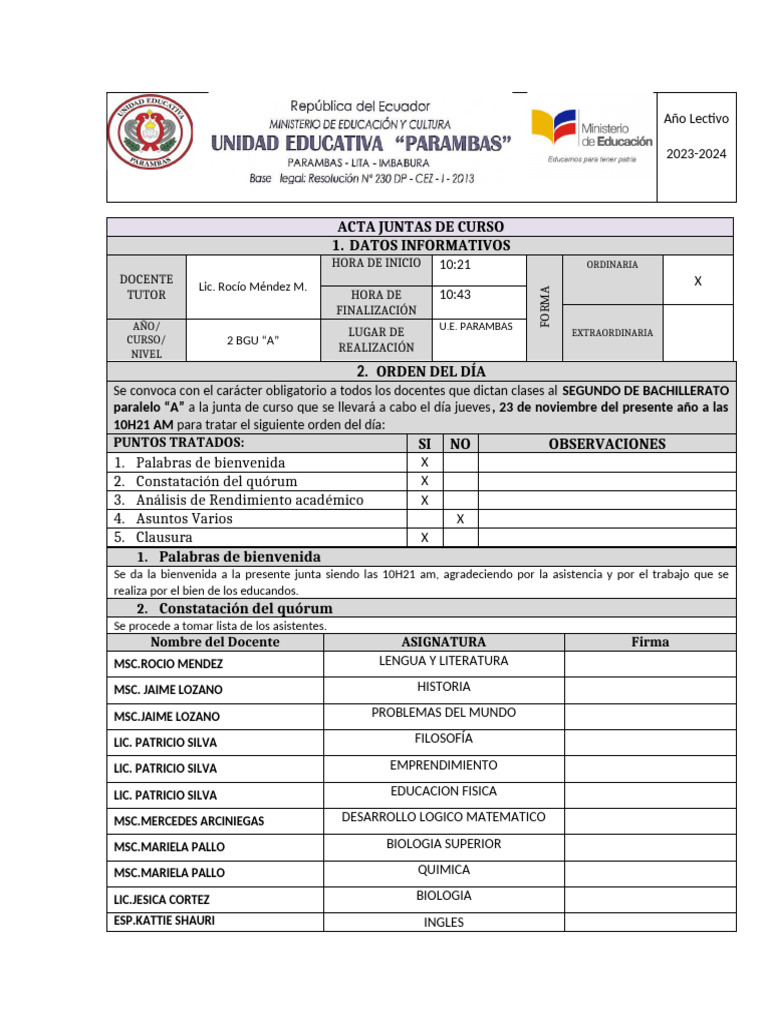 Acta Junta de Curso Primer Trimestre 2do. Bgu A | PDF