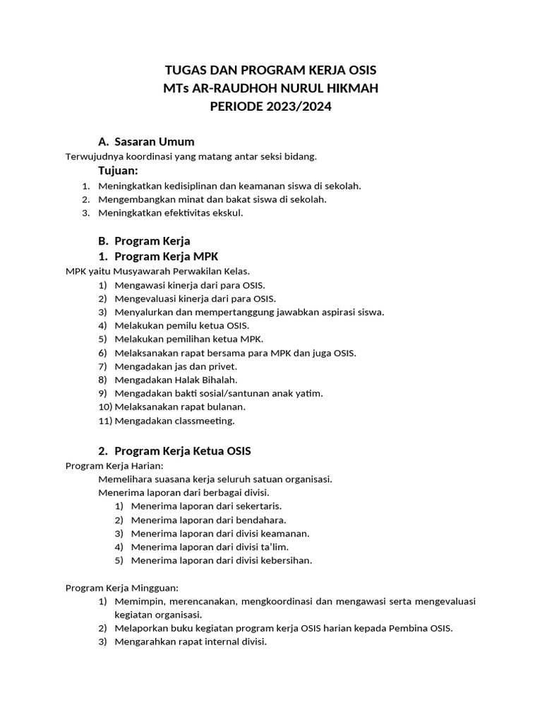 Tugas Dan Program Kerja Osis-1 | PDF