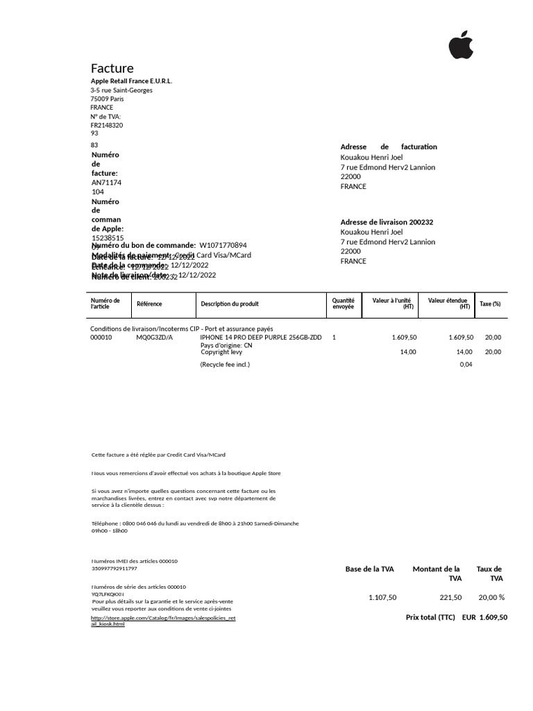 Facture iPhone 1 | PDF | Taxe sur la valeur ajoutée | Facture