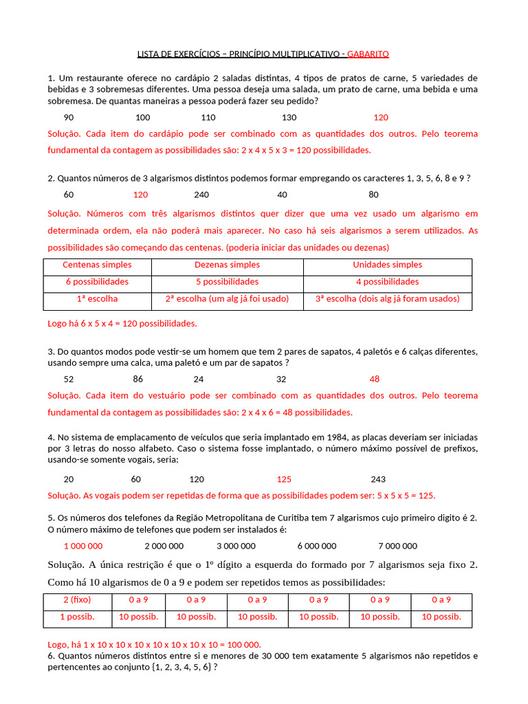 04,23,2025 (Gabarito) Problemas - Principio Multiplicativo | PDF | Número natural