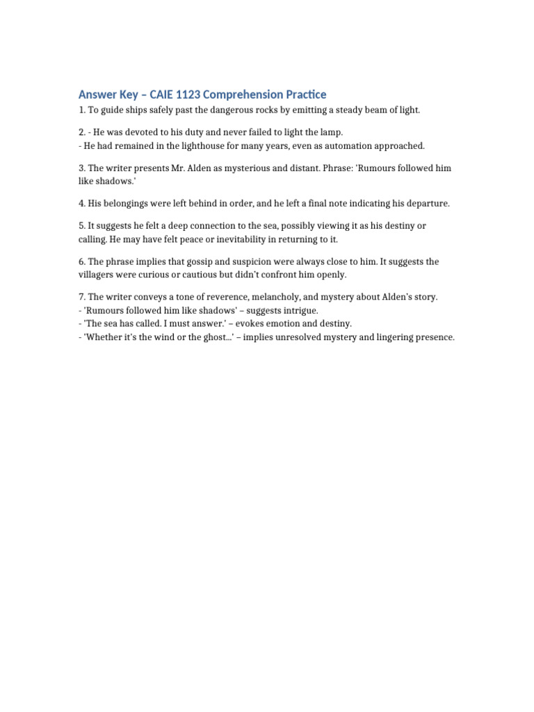 CAIE 1123 Comprehension Answer Key | PDF
