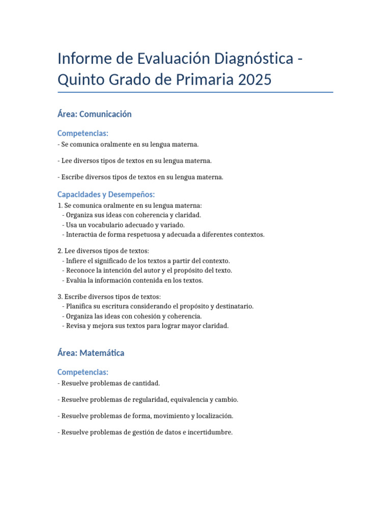 Informe Evaluacion Diagnostica Quinto 2025 | PDF