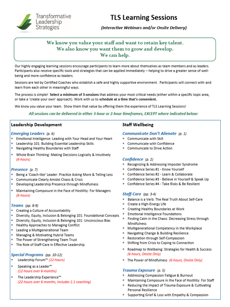 TLS Learning Sessions Catalog Final | PDF | Psychological Resilience ...