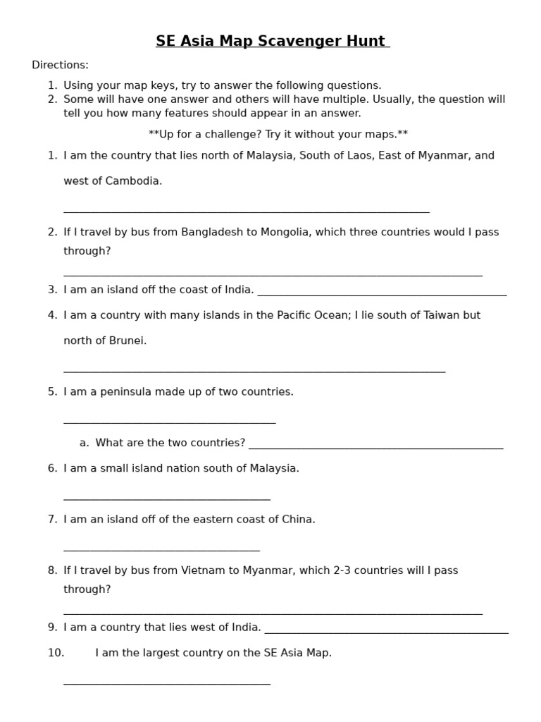 SE Asia Map Scavenger Hunt | PDF | Asia | Southeast Asia