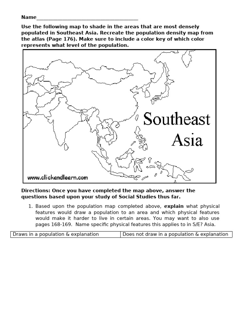 Southeast Asia Population Density Map Activity | PDF