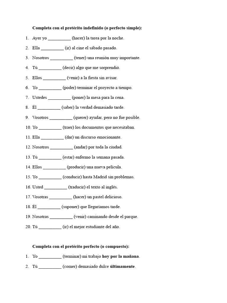 Ejercicios de pretérito en español | PDF