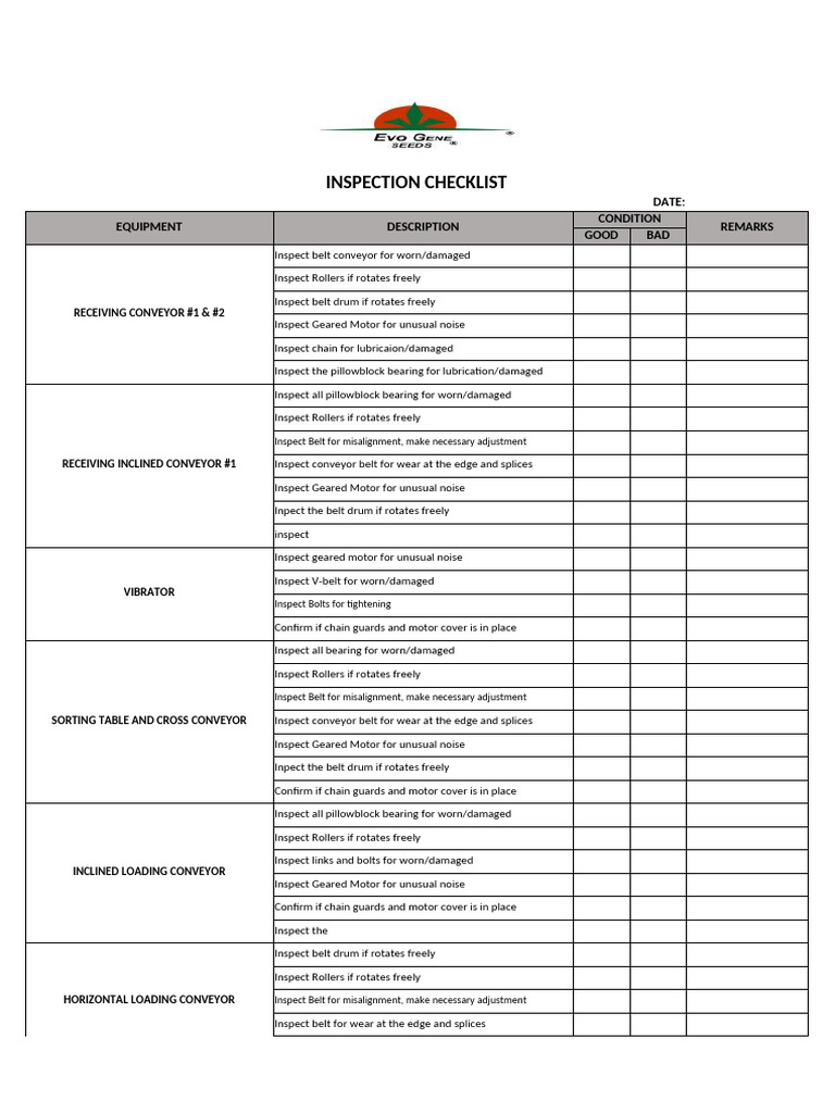 INSPECTION CHECKLIST FOR RECIEVING | PDF | Belt (Mechanical) | Bearing ...