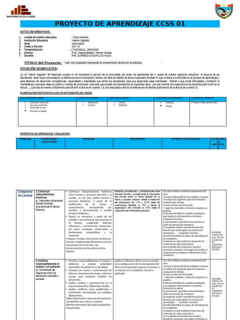 3ro 1 Proyecto de Aprendizaje 2025 | PDF | Evaluación | Aprendizaje