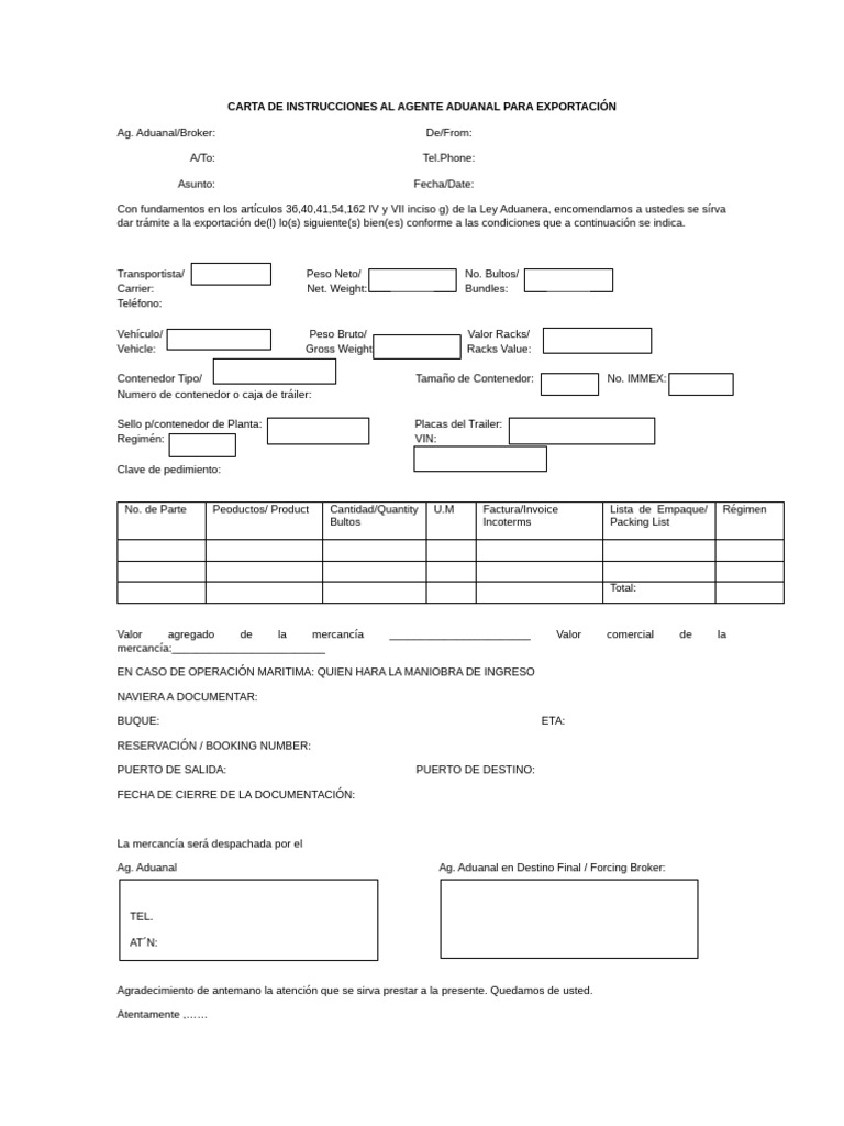 Carta de Instrucciones Al Agente Aduanal para Exportación | PDF
