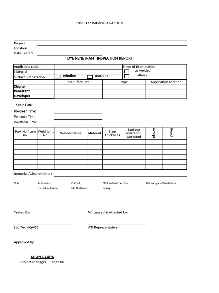 Dye Pen Inspection Report - Form2 | PDF
