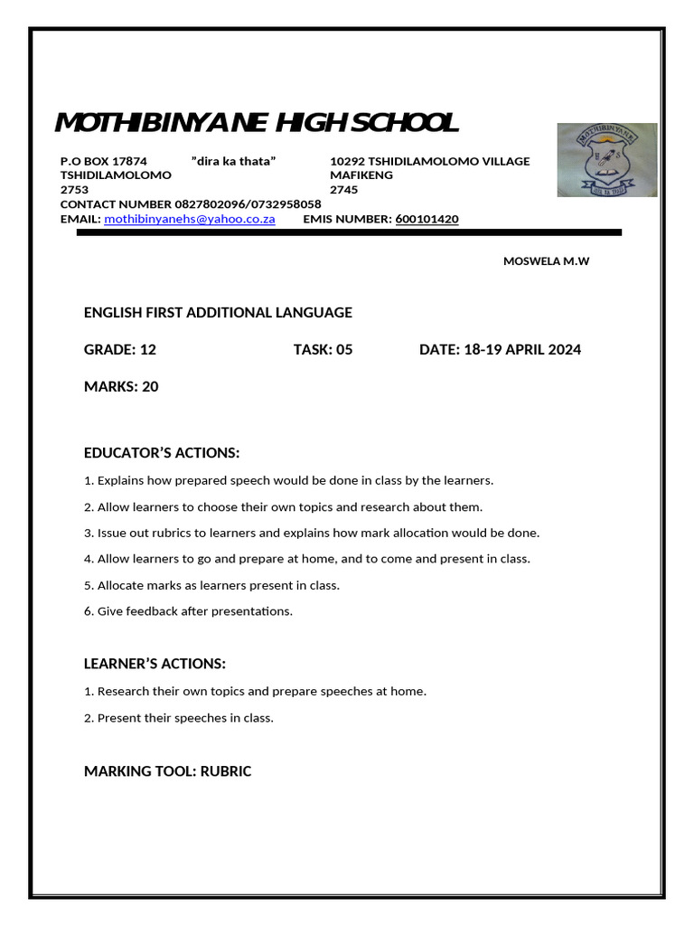 Reading Rubric Cover Page | PDF