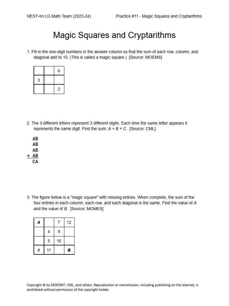 Bella Ke - 11 - Magic Squares and Cryptarithms | PDF | Mathematics ...