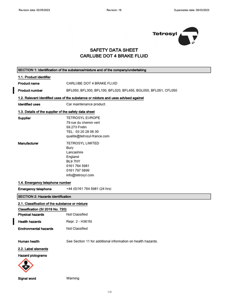 Carlube DOT 4 Brake Fluid Safety Data Sheet | PDF | Toxicity | Occupational Safety And Health