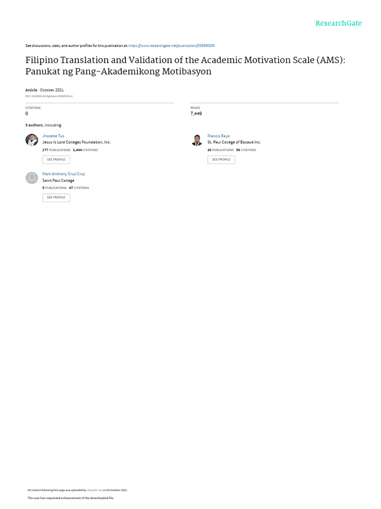 Filipino Translation and Validation of The Academic Motivation Scale AMS | PDF | Motivation ...