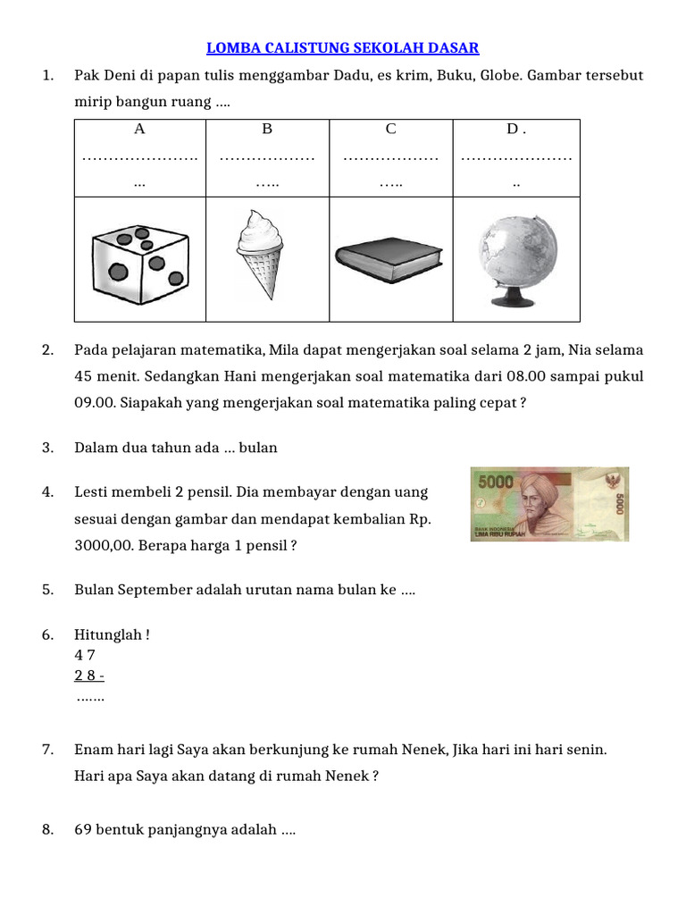 Soal Calistung Kelas 1 Tahap 1 | PDF