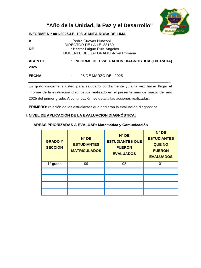INFORME EVALUACION DIAGNOSTICA - PRIMARIA-2 GRADO - 2025 Propuesta | PDF | Evaluación | Aprendizaje